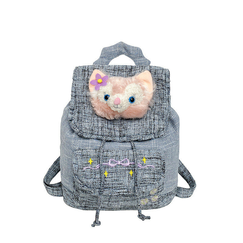 Rinabara playful nylon backpack with crossover piping and plush elements for school or leisure activities gray beanie