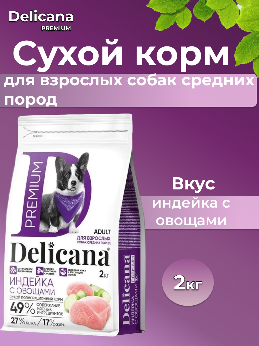 Delicana сух. д/собак средних пород индейка с овощами 2кг 1/6 1996