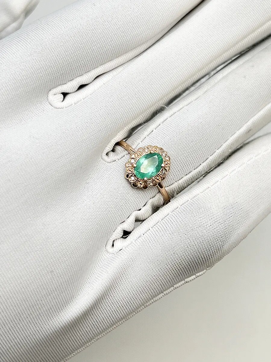 Кольцо, красное золото, 375 проба, изумруд, бриллиант