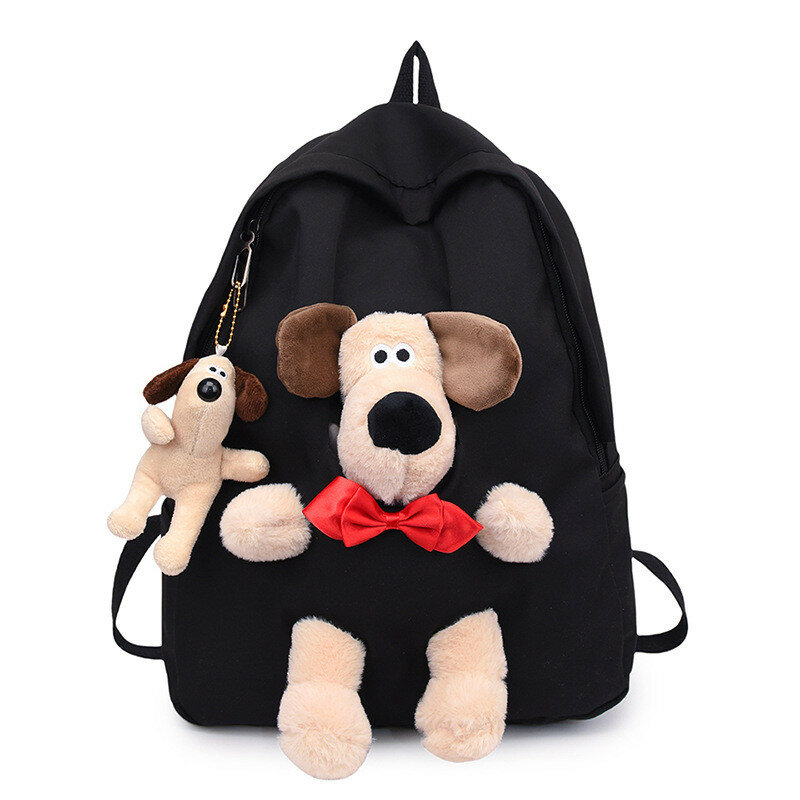 Рюкзак студентческий simple solid color plush puppy decoration large capacity with pendant black