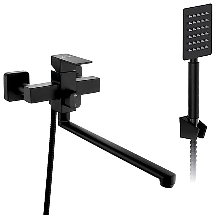 Смеситель с длинным изливом для ванны Fashun A52202-7 с душевым гарнитуром, поворотный, из нержавеющей стали, черный, матовый, смеситель для ванны с душем, рычажный, с настенным держателем