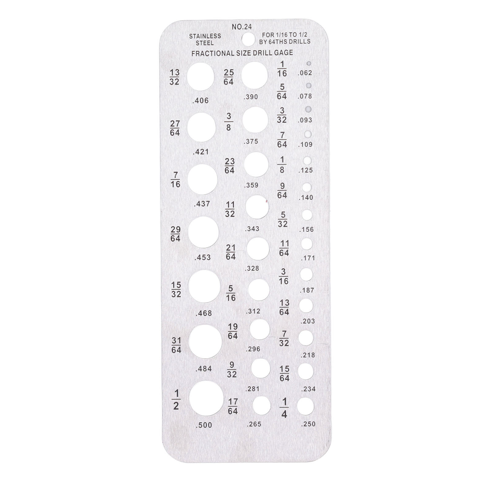 Шкала для измерения диаметра сверла в меньших долях дюйма, изготовленная из нержавеющей стали, с указанием диаметра болта 1/16–1/2 дюйма, для точных измерений.