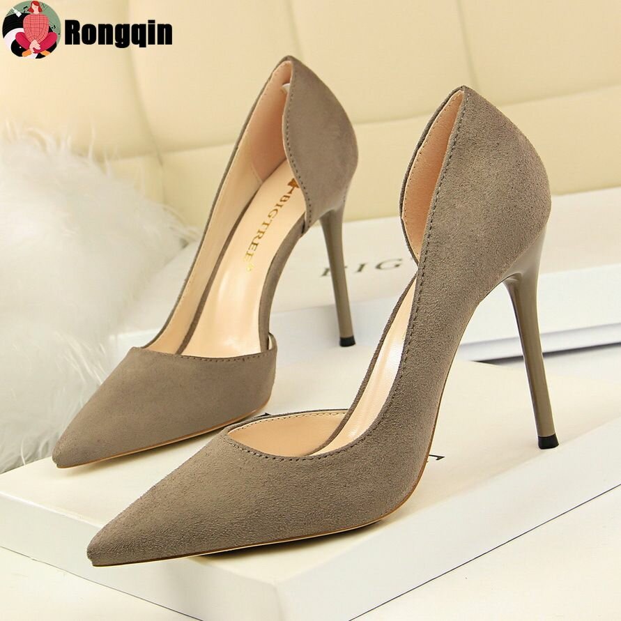 Женские простые замшевые туфли на шпильке в европейском и американском стиле с острым носком и пикантными высокими каблуками