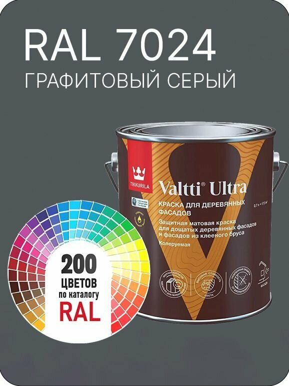 Краска для деревянных фасадов Tikkurila Valtti Ultra цвет графитовый серый Ral 7024 2.7 л.