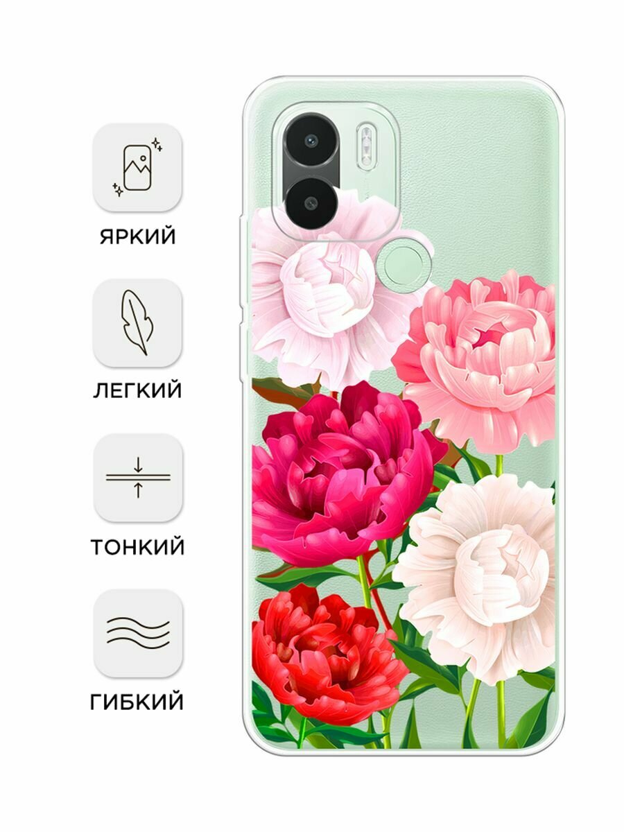 Чехол на Xiaomi Redmi A1+/Redmi A2+/Poco C51/C50 / Редми A1+ с принтом "Большие пионы", прозрачный — фото 1