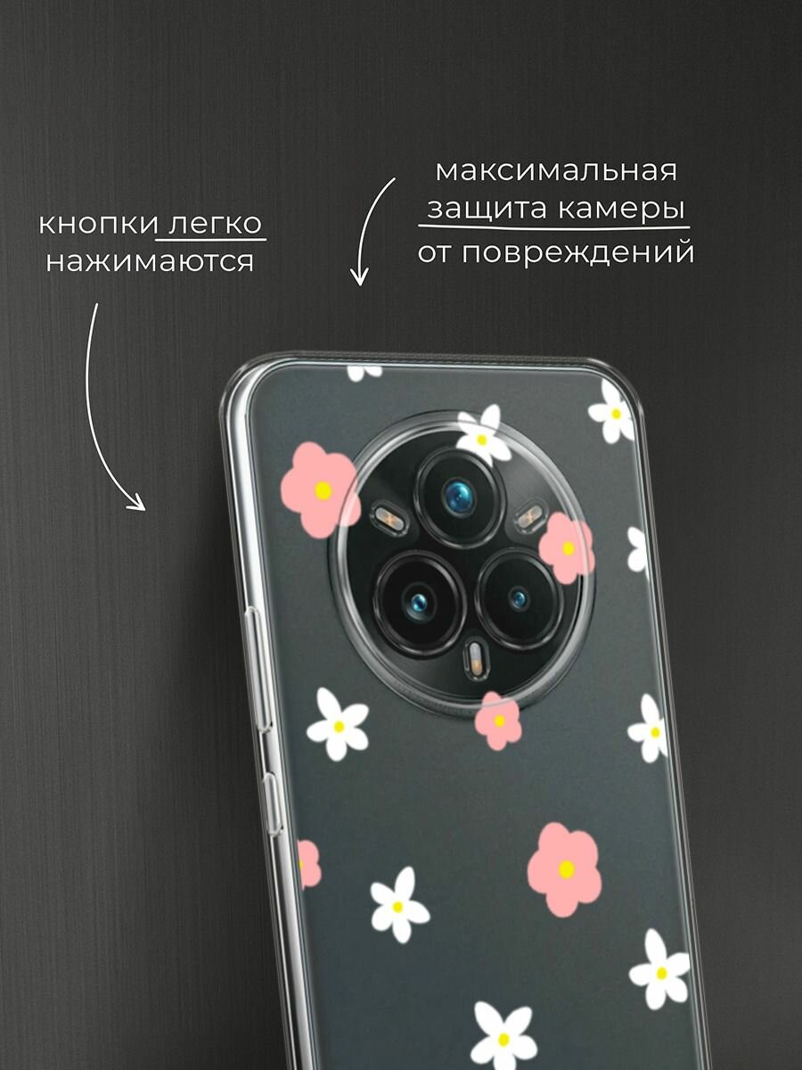 Чехол на Realme 14 Pro / Реалми 14 Про с принтом "Розовые и белые цветы", прозрачный — фото 1