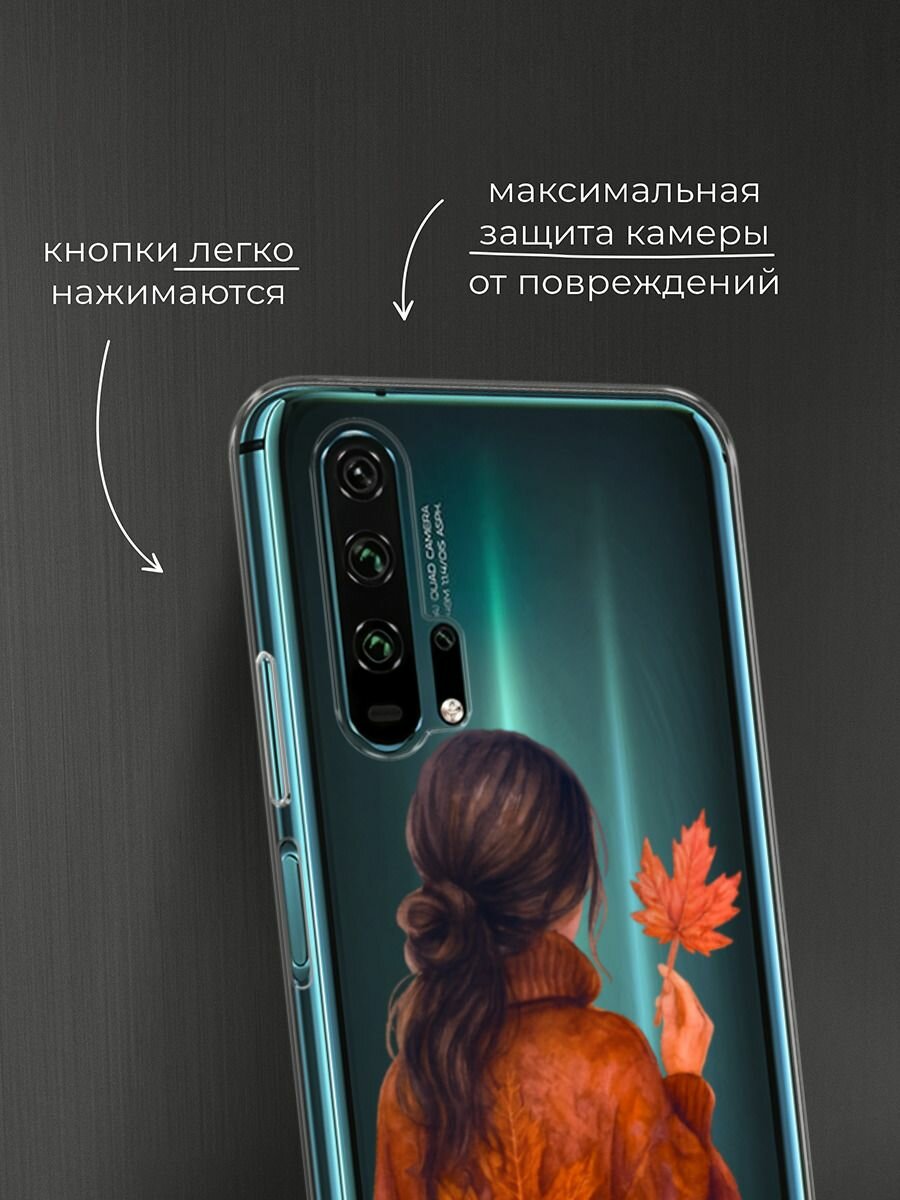 Чехол на Honor 20 Pro / Хонор 20 Про с принтом "Девушка с опавшим листом", прозрачный — фото 1