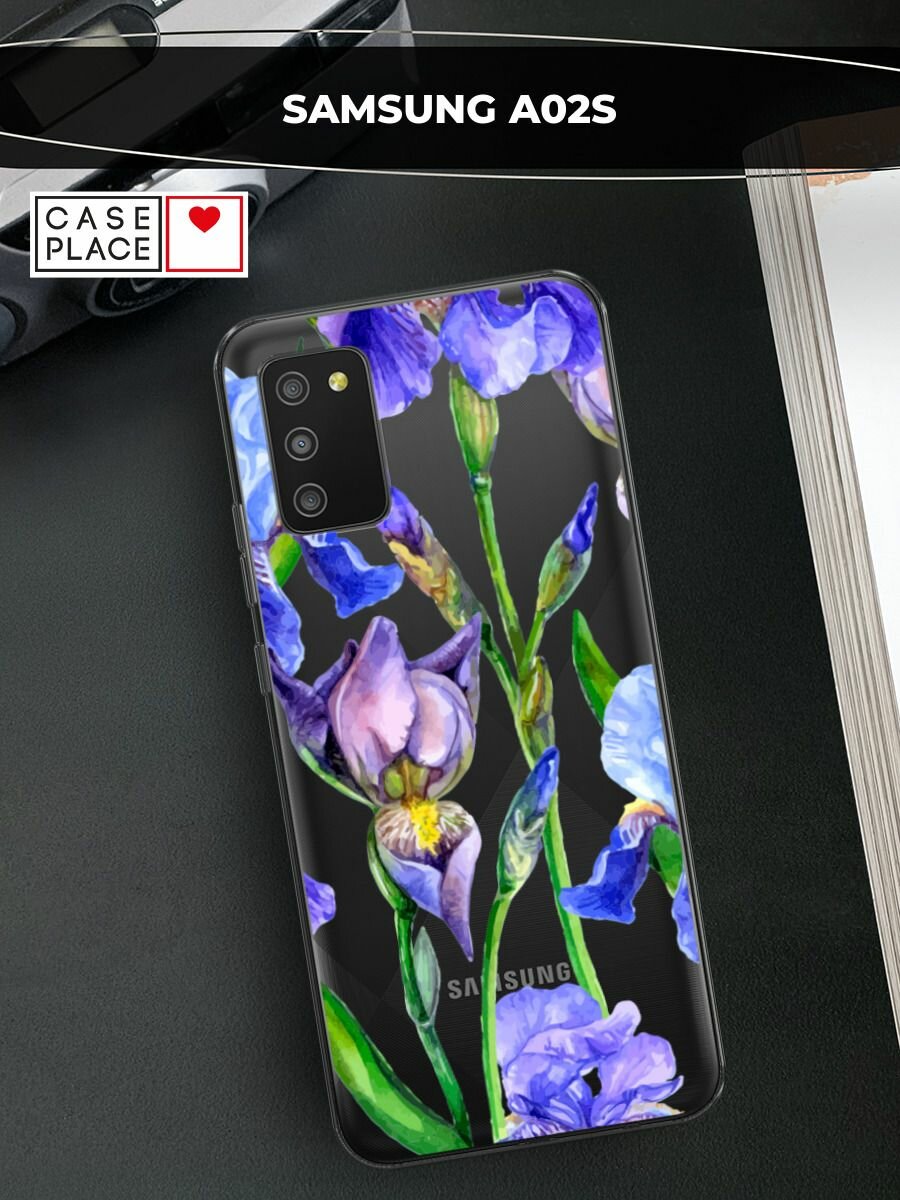 Чехол на Samsung Galaxy A02s / Самсунг Галакси A02s с принтом "Синие ирисы", прозрачный