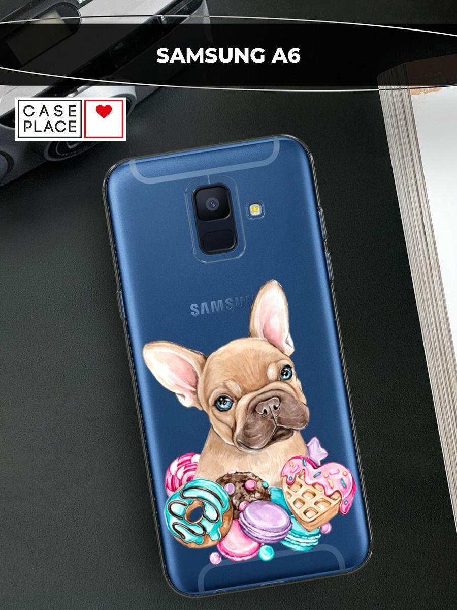 Чехол на Samsung Galaxy A6 / Самсунг Галакси А6 с принтом "Бульдог и сладости", прозрачный