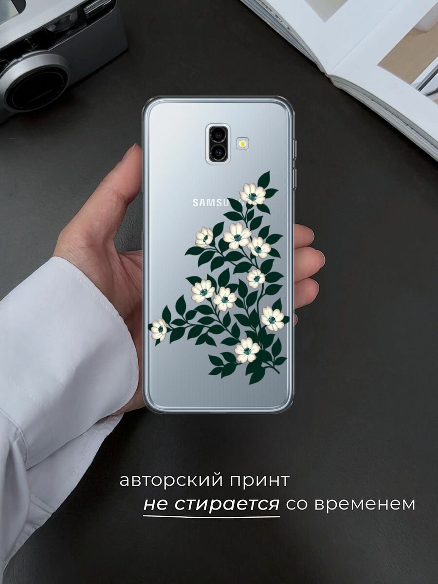 Чехол на Samsung Galaxy J6 + / Самсунг Галакси J6 Плюс 2018 с принтом "Цветы с черными листьями" — фото 1