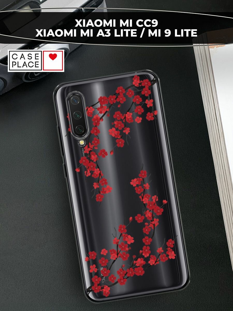 Чехол на Xiaomi Mi CC9/A3 Lite/9 Lite / Сяоми Mi CC9/A3 Lite/9 Lite с принтом "Красная сакура", прозрачный