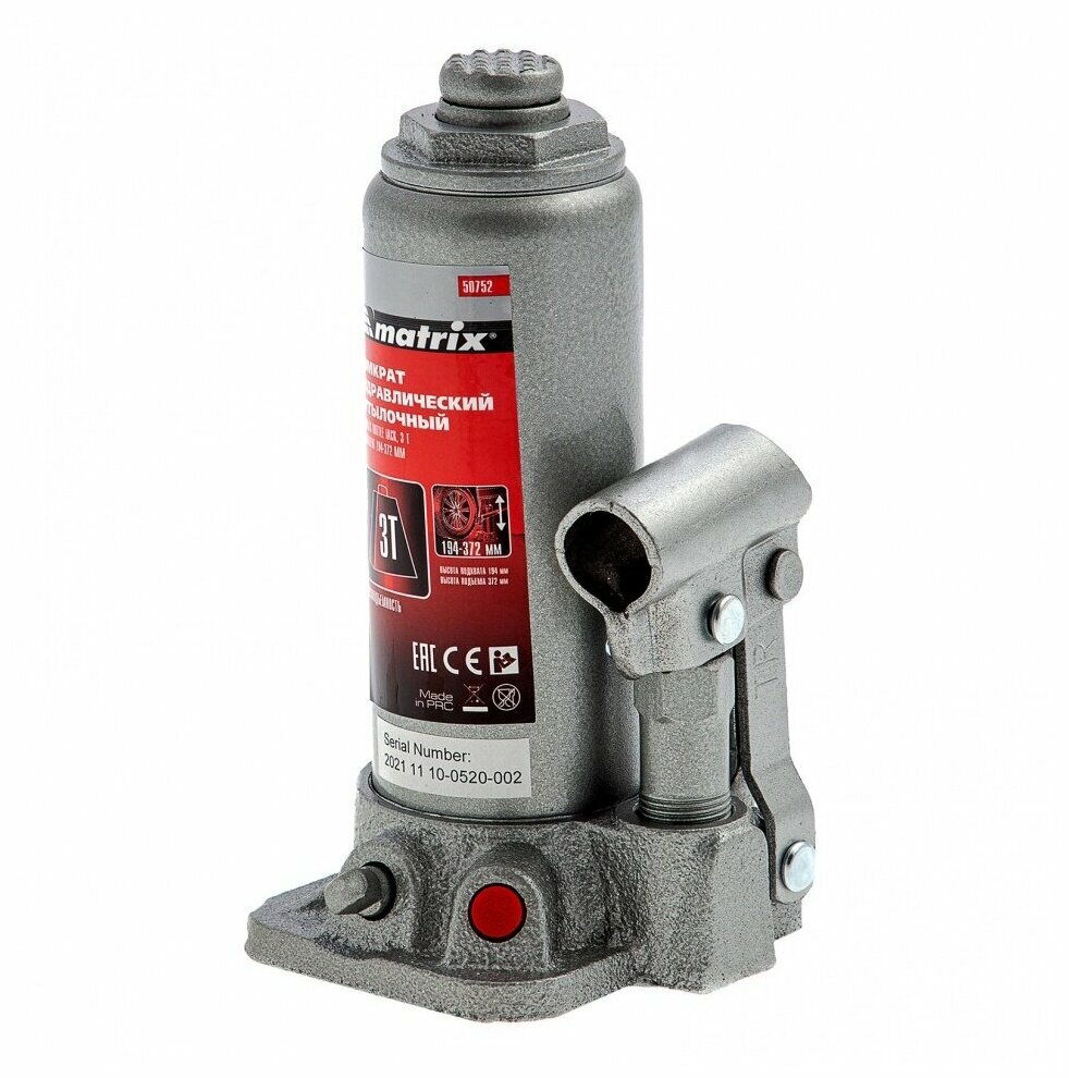 MATRIX Домкрат гидравлический бутылочный, 3 т, h подъема 194 372 мм, в пласт. кейсе// Matrix (50 752