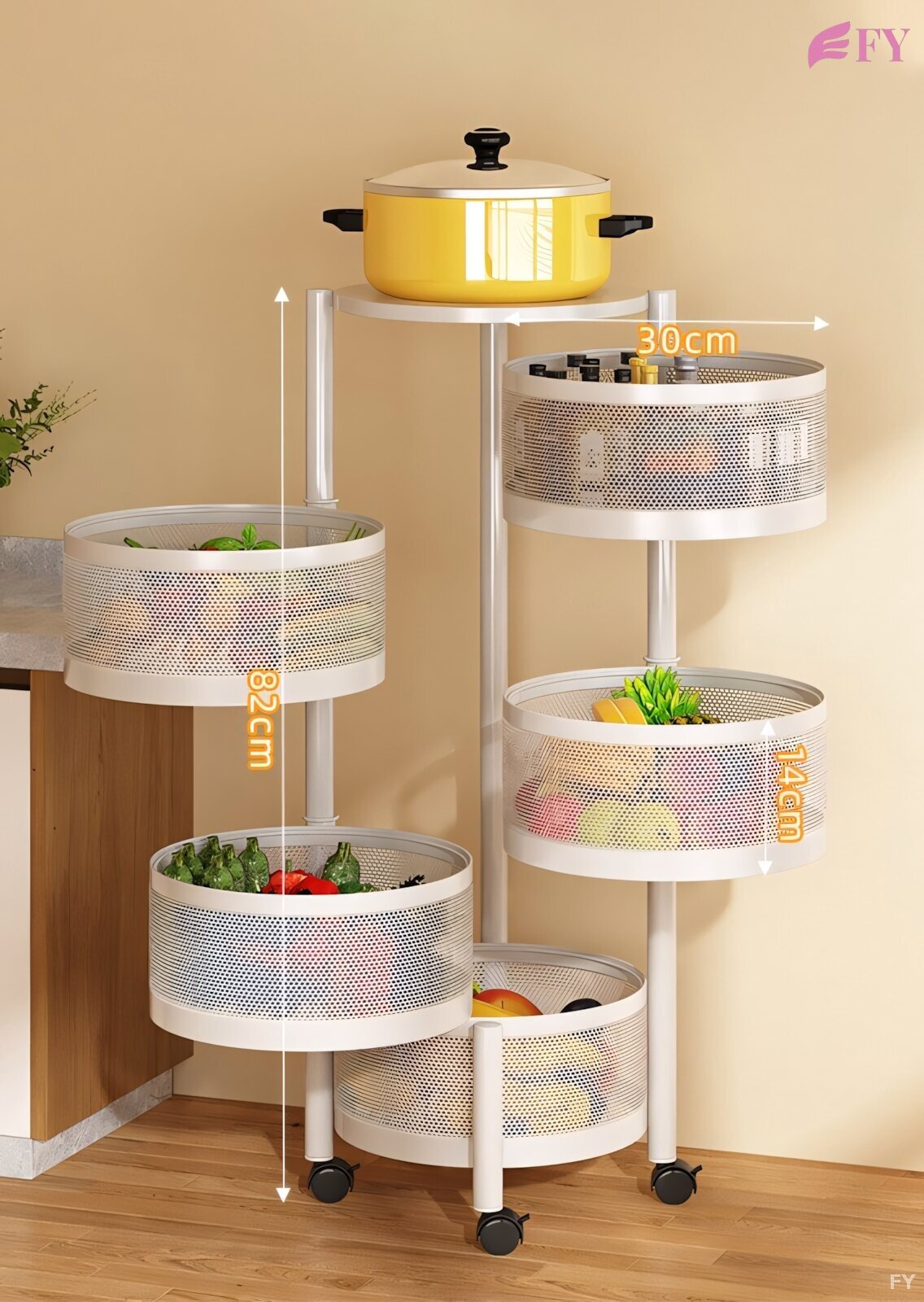 Этажерка круглая, на колесиках, высота 82 см, шестиуровневая, с поворотными полками, белый