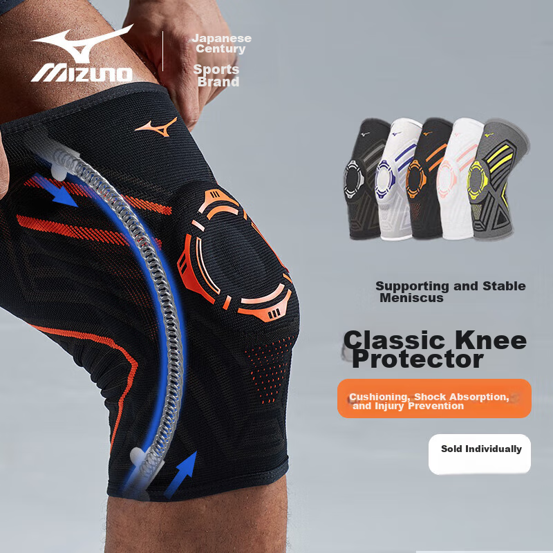 Mizuno Knee Pads for Badminton, Basketball, Men, Women, Sports, Fitness, Breathable Knee Sleeves, Jump Rope Protective Gear 1502-L Black And Orange Single Piece