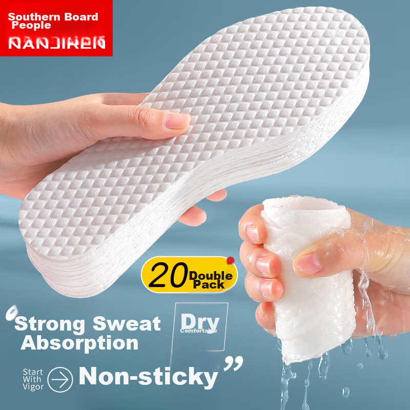 NanJiren 20 Pairs Disposable Insoles, Sweat-Absorbing, Breathable, Non-Slip, Odor-Resistant, Comfortable, Thin, for Bare Feet, Military Training, Summer, Size 42