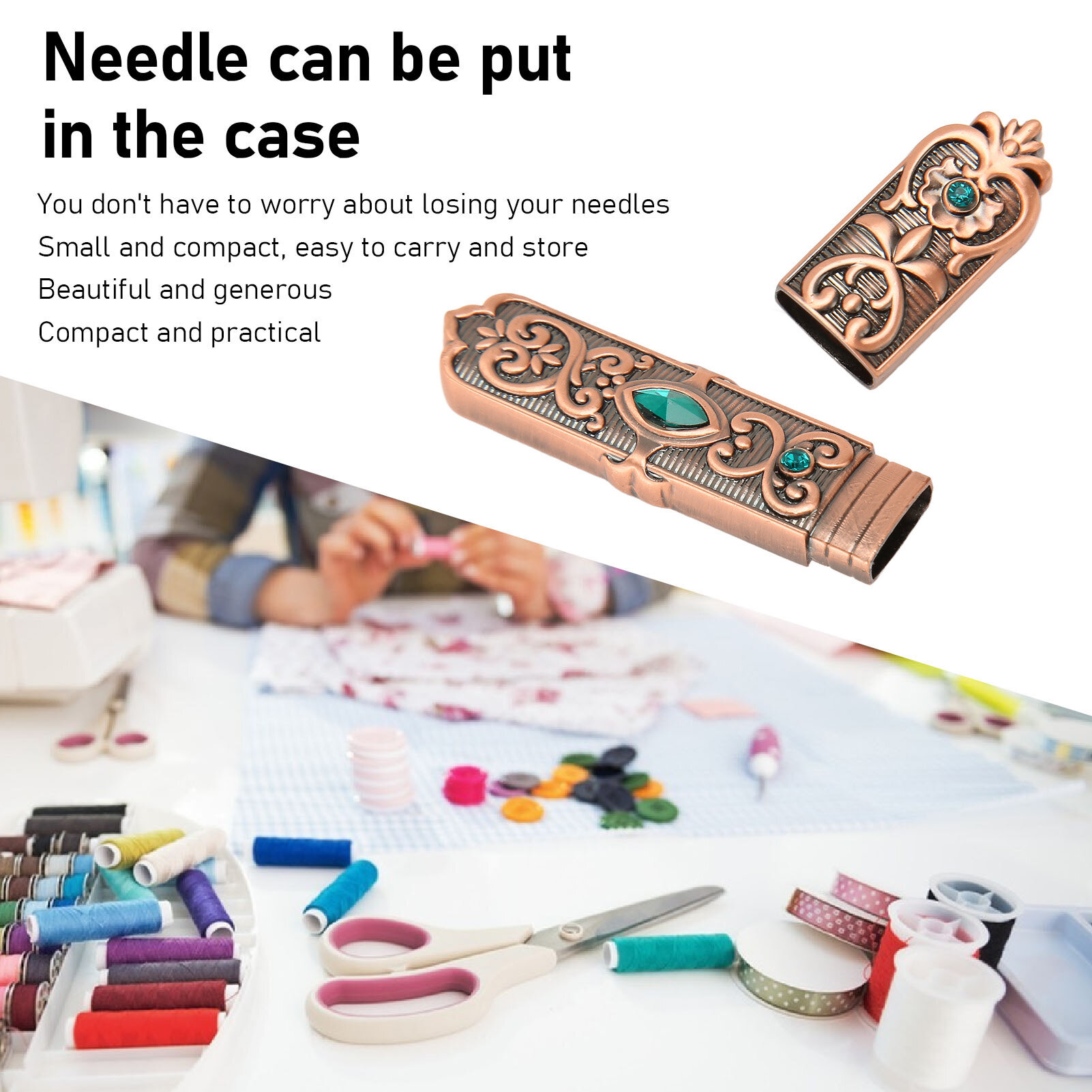 Винтажный набор игольниц со стразами, резной узор, модные швейные иглы, трубка для хранения, игольница, швейные инструменты «сделай сам», розовое золото