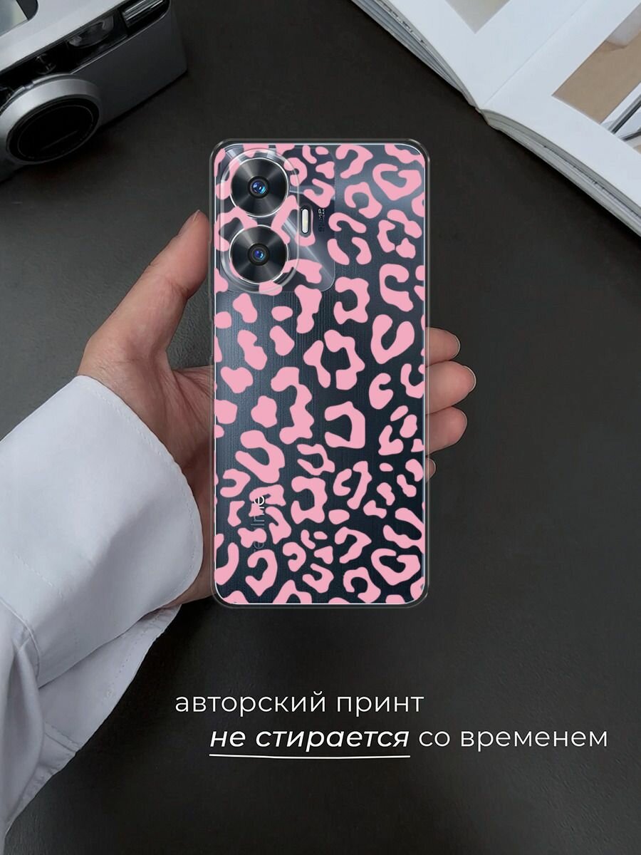 Чехол на Realme C55 / Реалми C55 с принтом Паттерн розовый леопард, прозрачный — фото 1