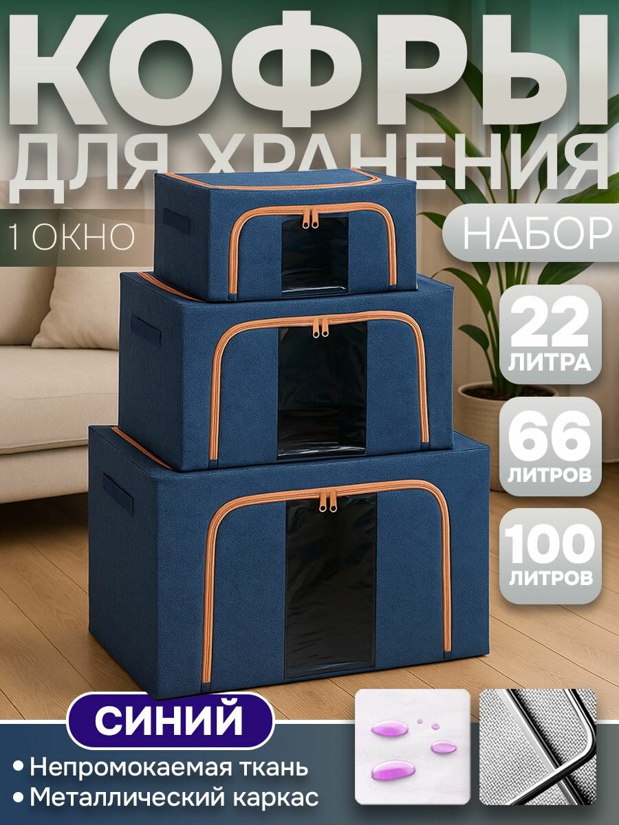 Набор Кофров АЛИ чайна, Тканевых, 1 окно, 3 размера, синий(22,66,100 л.)