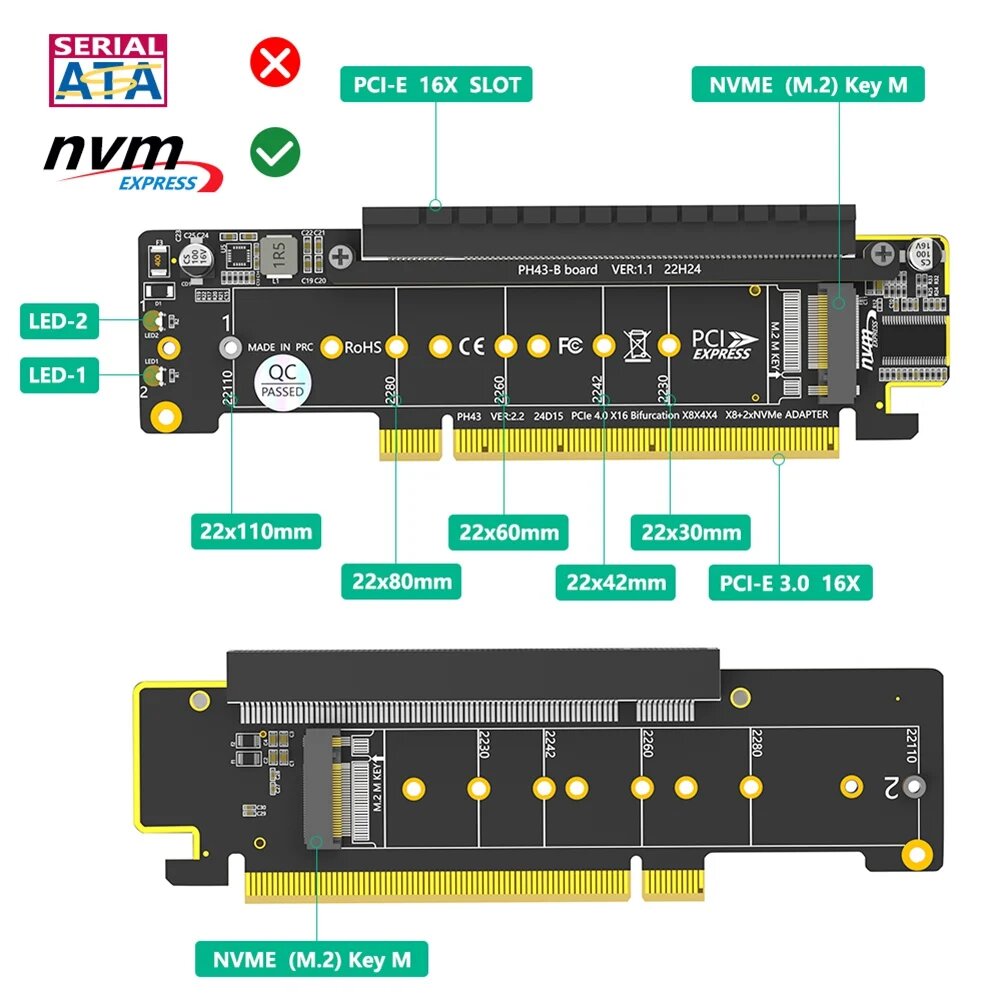 Адаптер SuperDeals Dual NVMe PCIe, PCIe 4.0 X16 — Dual NVMe и 1 адаптер PCIe X16 (X8 Signal) для адаптера SSD M.2 NVMe