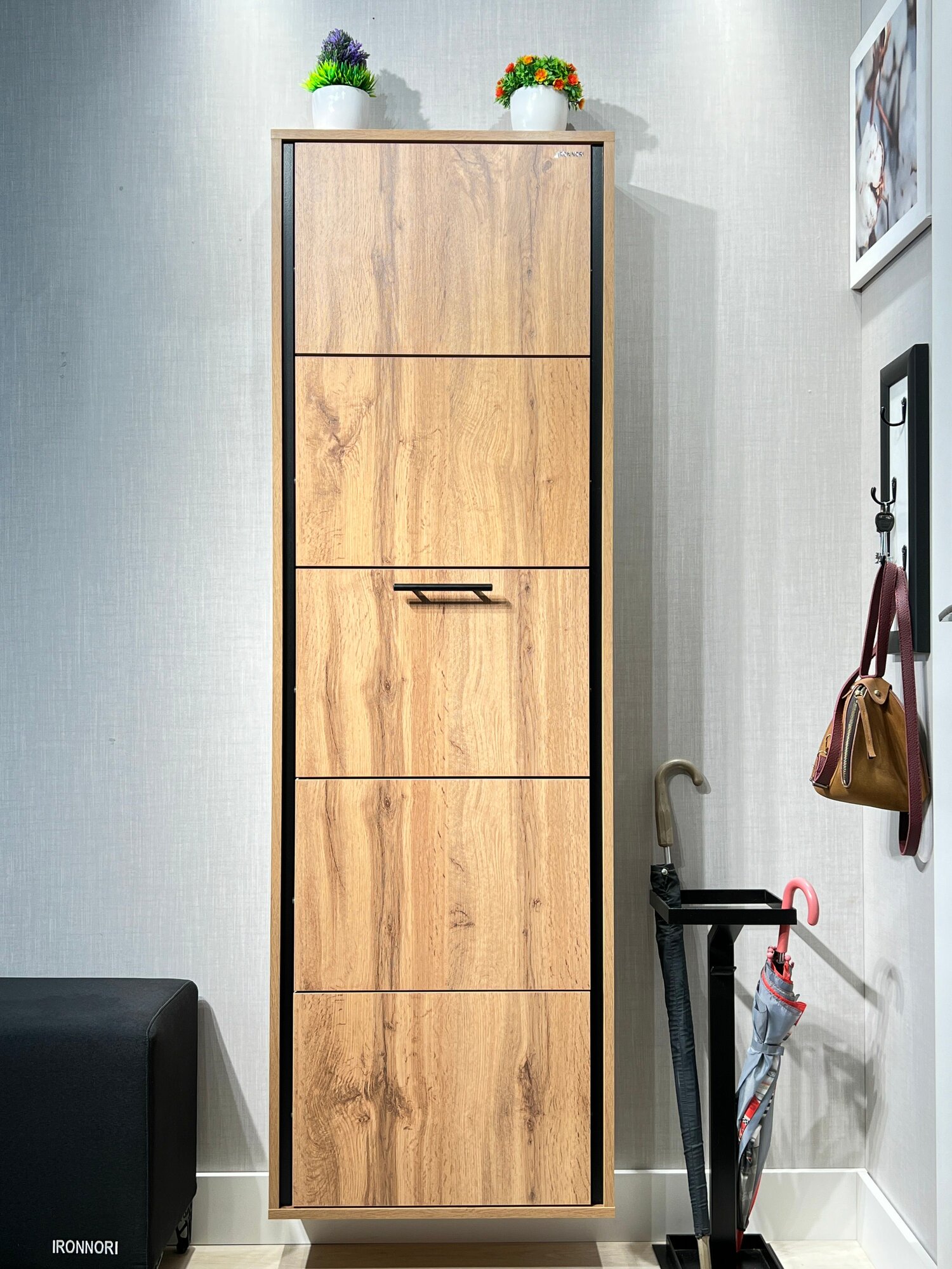 Обувница в прихожую IRONNORI Лайт 5 секции, Дуб Вотан, профиль чёрный, 171х54.5х20 см