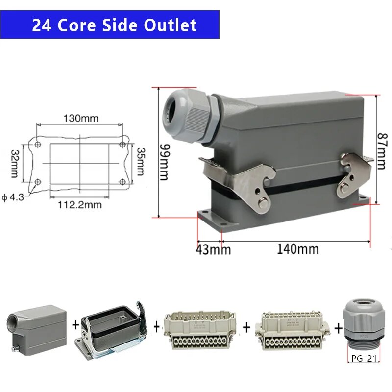 Промышленный разъем HDC-HE 16А 6/10/16/24/32/48 ядер 24 Core Side Outlet