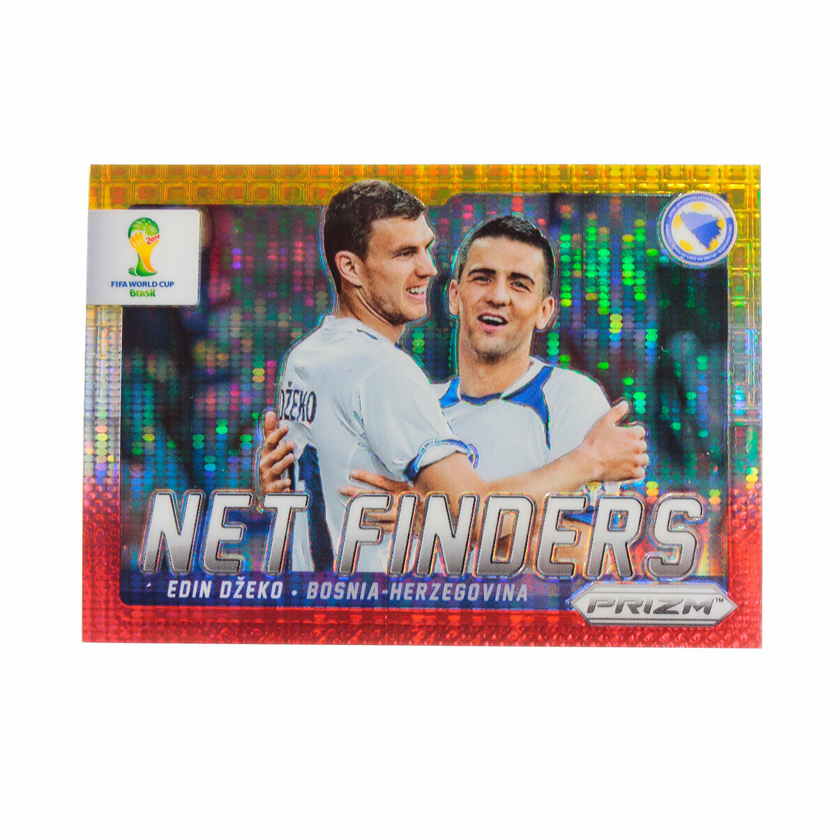 Коллекционная карточка Panini Prizm FIFA World Cup 2014: #NF-4 Edin Dzeko - Net Finders Yellow and Red Pulsar