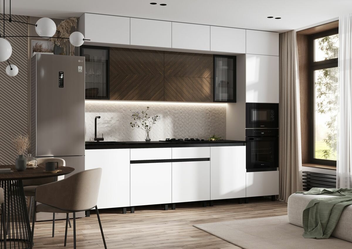 Кухня Техно-6 3,0 м. Белый снег Софт/Прайм орех, Белый (Кастилло темный)