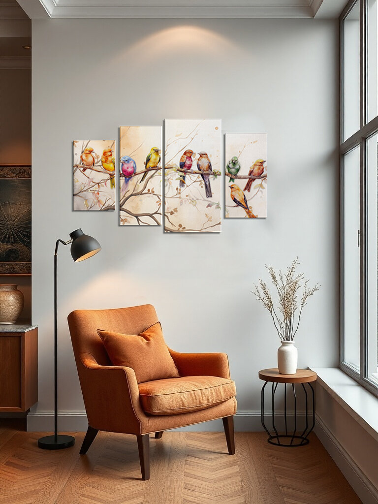 Картина модульная 130х80 см на стекле для интерьера/ Птички на ветке, Diva Kartina