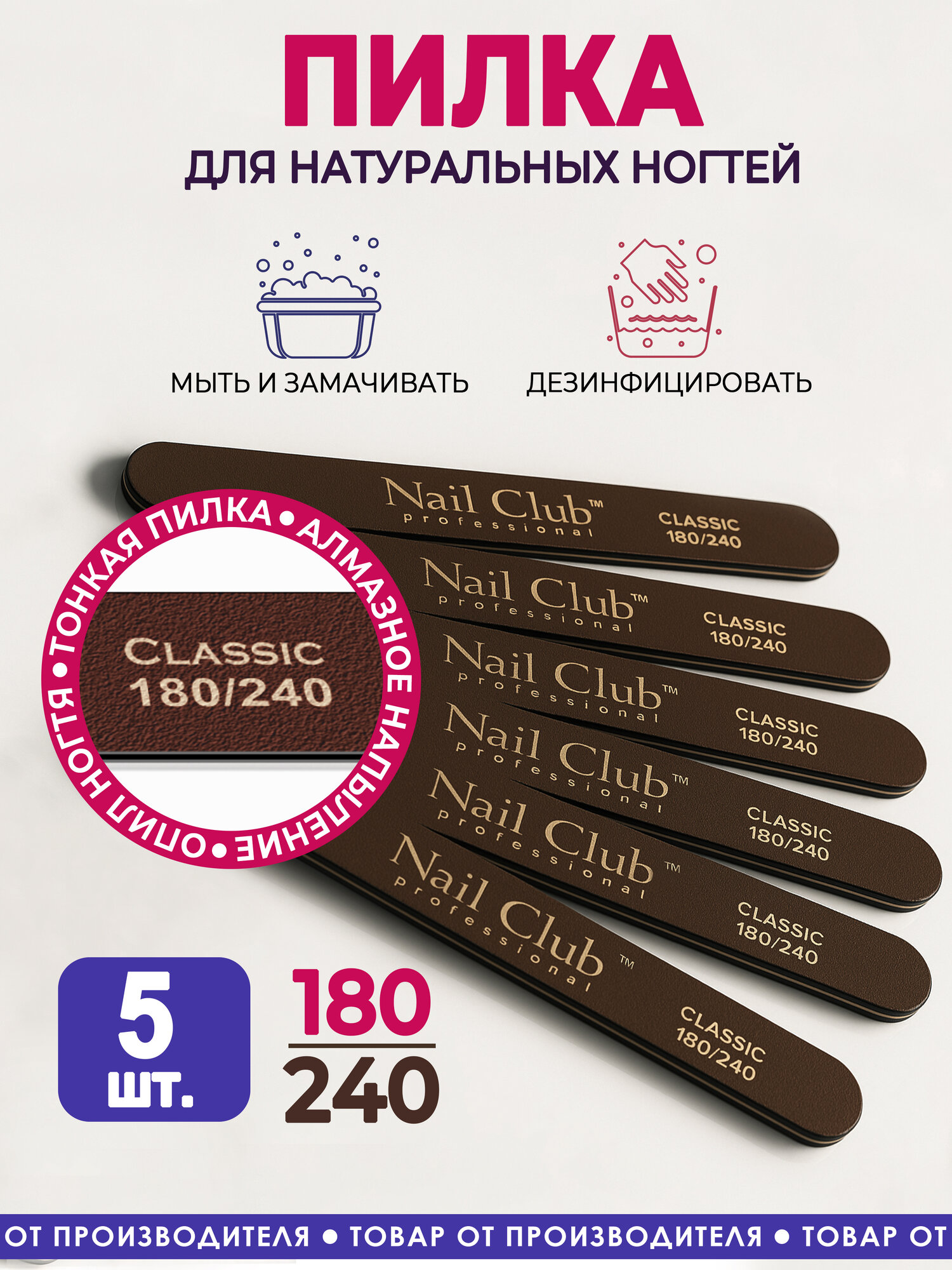 Nail Club Маникюрная пилка для натуральных ногтей Classic 180/240 узкая прямая 5 шт.