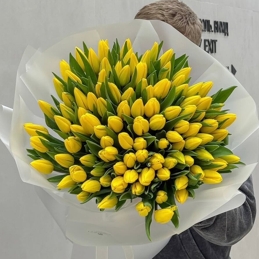 Букет из желтых тюльпанов 101 шт, красивый букет цветов, шикарный, премиум цветы, премиум букет