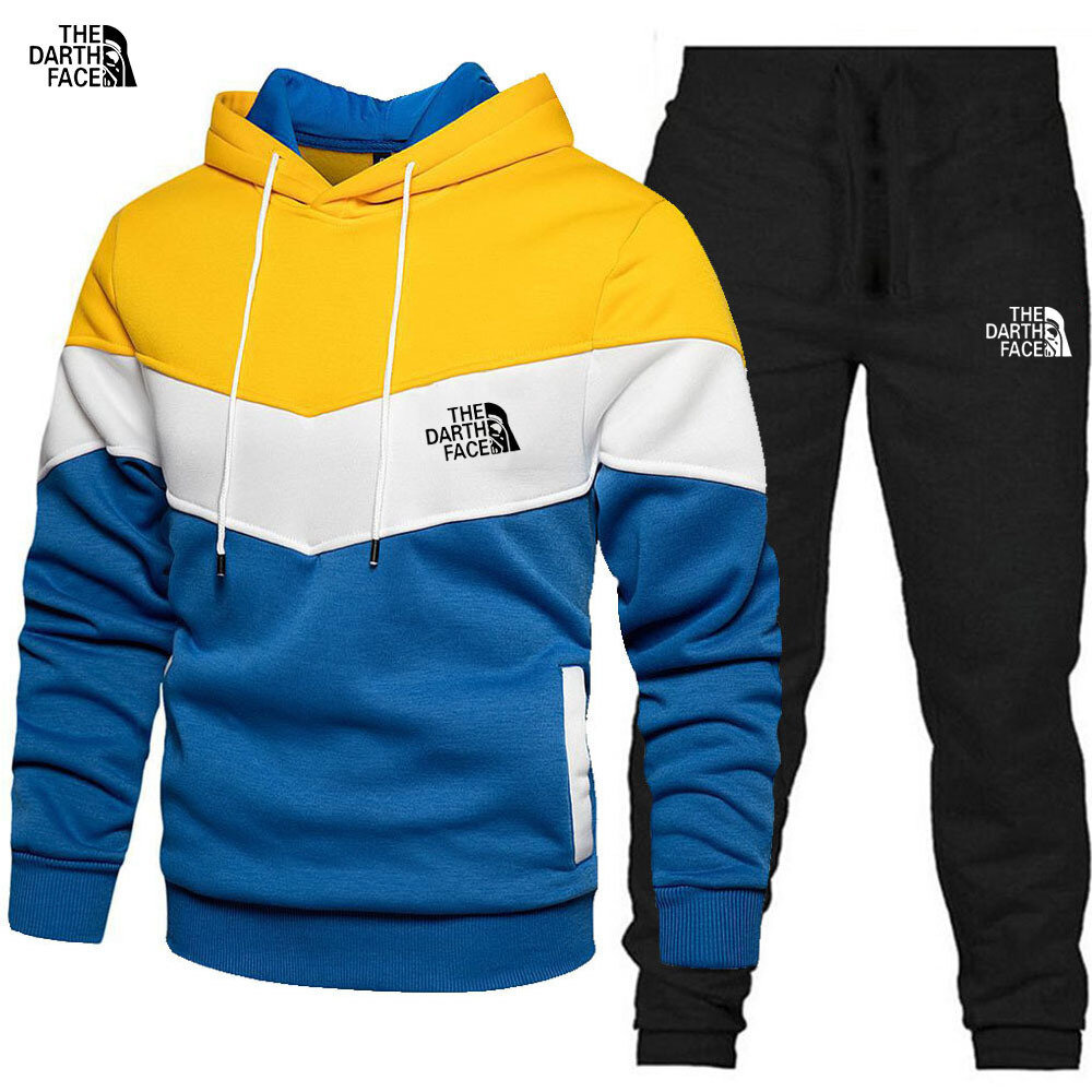 Мужская толстовка с капюшоном в стиле пэчворк, зимний двухсекционный костюм с флисовой подкладкой, утолщенный, теплый, с капюшоном, повседневный костюм