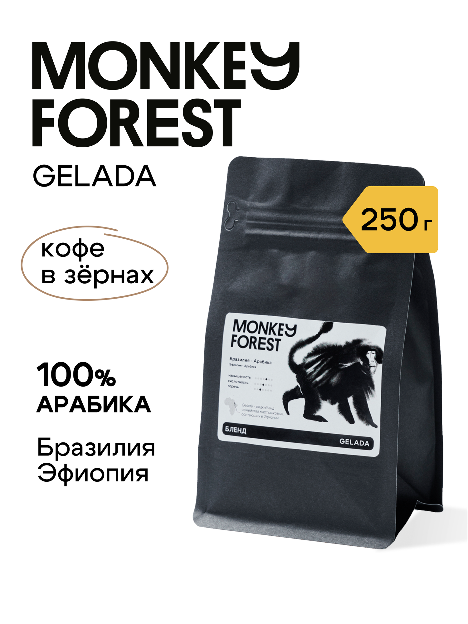 Спешелти кофе в зернах смесь двух арабик Monkey Forest Gelada 250 гр