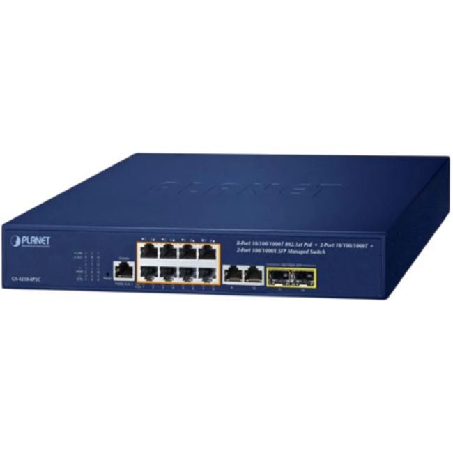 GS-4210-8P2C PLANET коммутатор/ PLANET IPv4/IPv6, 8-Port Managed 802.3at POE+ Gigabit Ethernet Switch + 2-Port 10/100