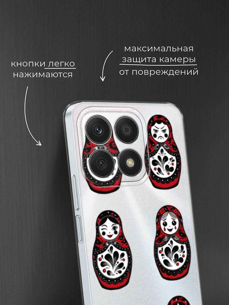 Чехол на Honor X8A / Хонор X8A с принтом Разные матрешки, прозрачный — фото 1
