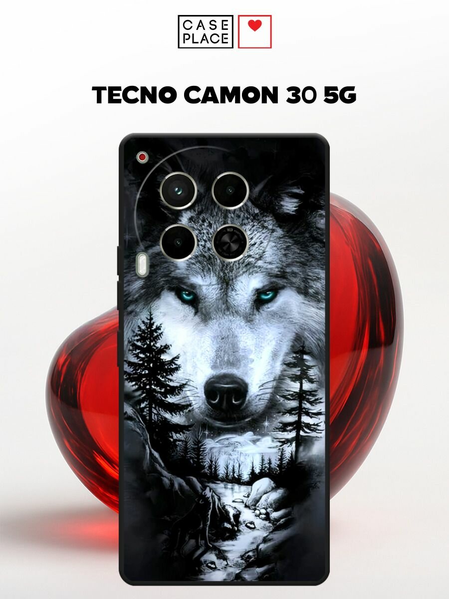 Черный матовый чехол на Tecno Camon 30 5G / Текно Камон 30 5G с принтом Волк в зимнем лесу