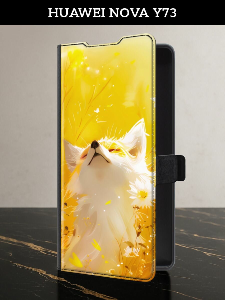 Чехол-книжка на Huawei Nova Y73 (Хуавей Нова Y73) с картой и принтом "Лиса в поле"