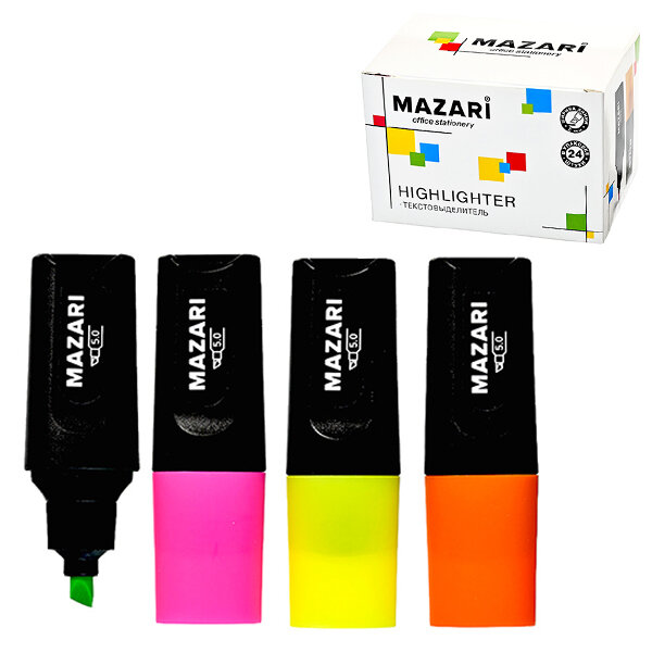 Текстовыделитель "Mazari" мини, 1-5мм, желтый, оранжевый, розовый, зеленый, количество: 24 штуки