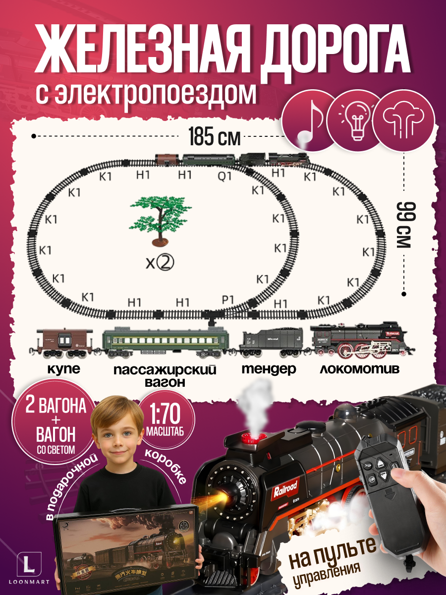 Железная дорога Fenming Toys, с паровозом и эффектами, дым, звук, свет, 3 вагона