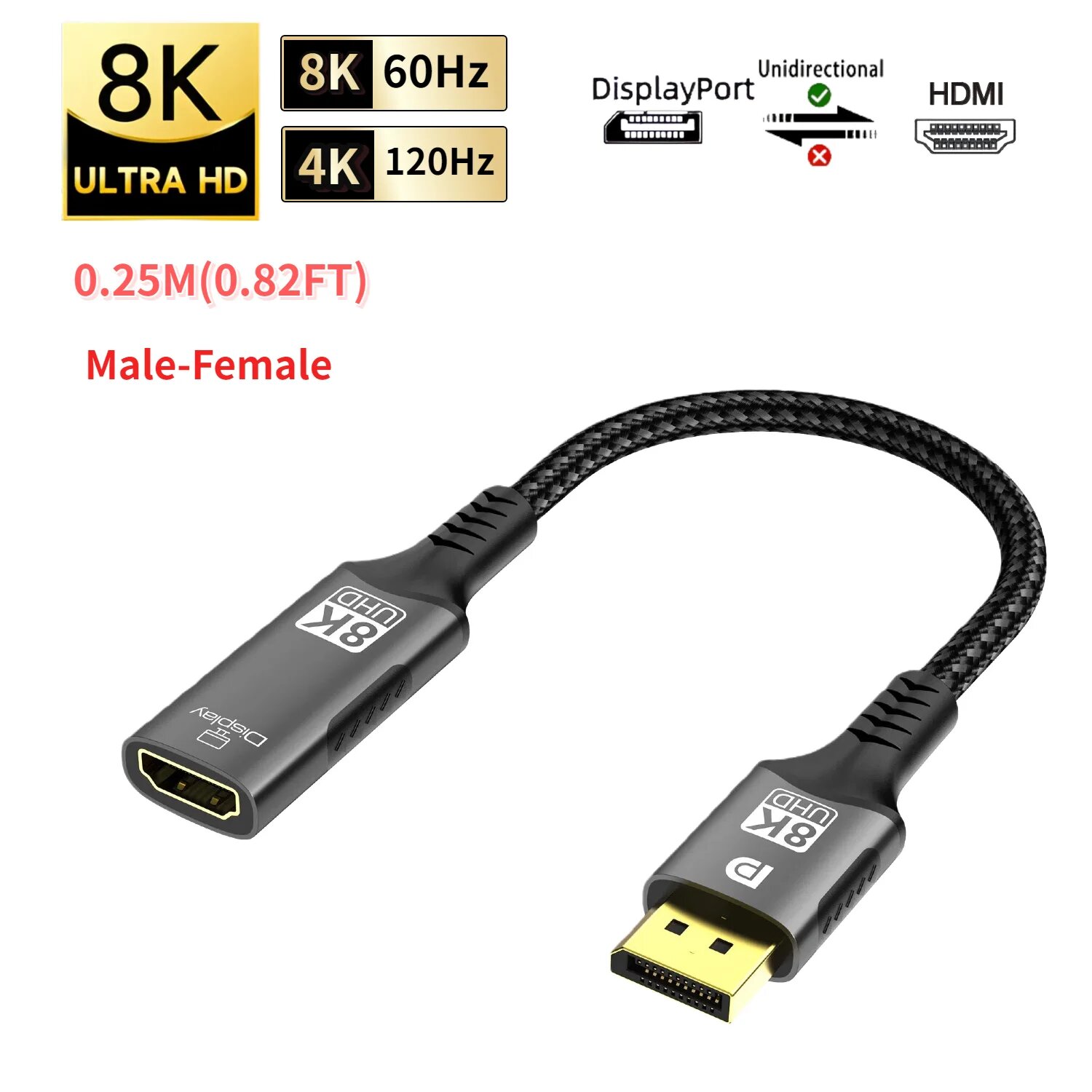8K при 60 Гц преобразователь DP1.4 в HDMI 2.1 4K при 120 Гц сверхскоростной совместимый кабель 48 Гбит/с для настольного ноутбука, ПК, ТВ-монитора, проектора