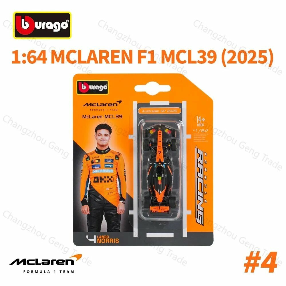 Bburago 1:64 Гран-при Австралии 2025 года McLaren Team MCL39 Формульный болид Формулы-1, Литые под давлением автомобили, коллекционная модель гоночных игрушек