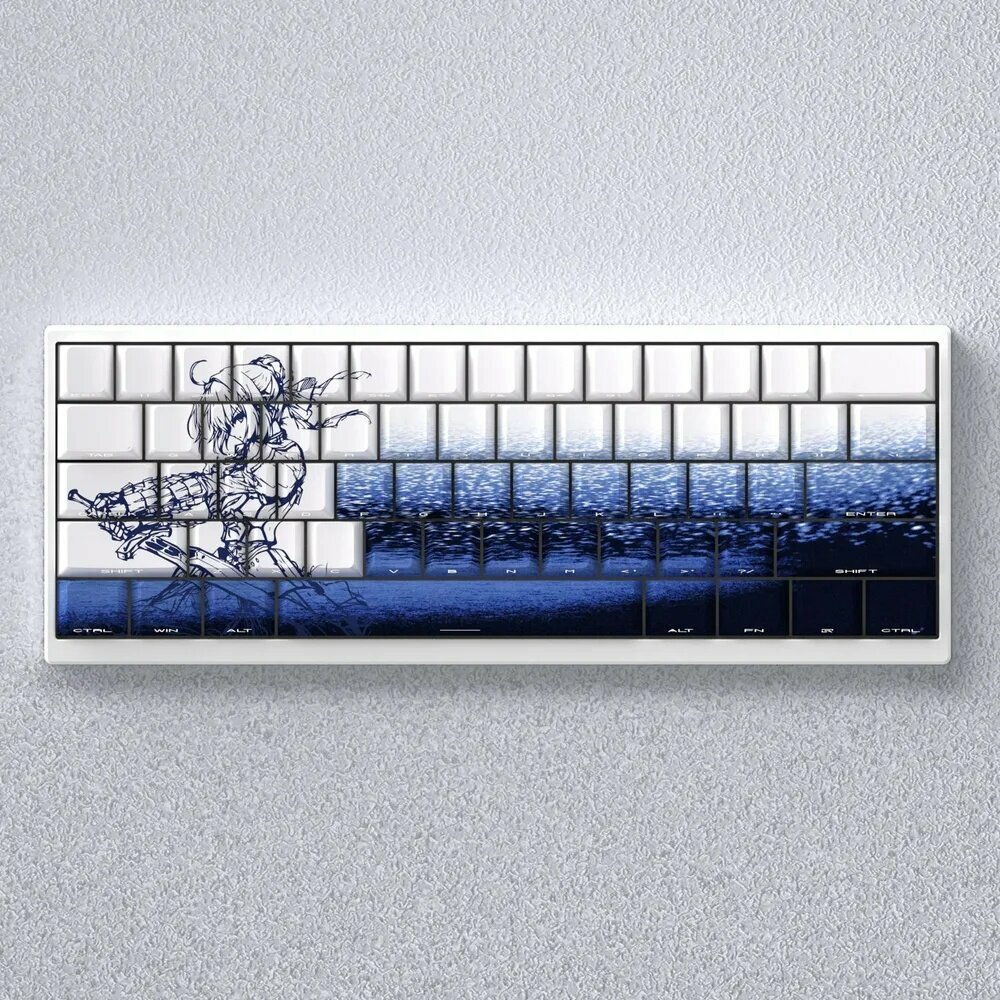 Кейкапы для механической клавиатуры - FATE Saber, 98 шт, PBT с боковой печатью, Cherry профиль, Shine Through, синие и белые, для клавиатур 60/75/80%