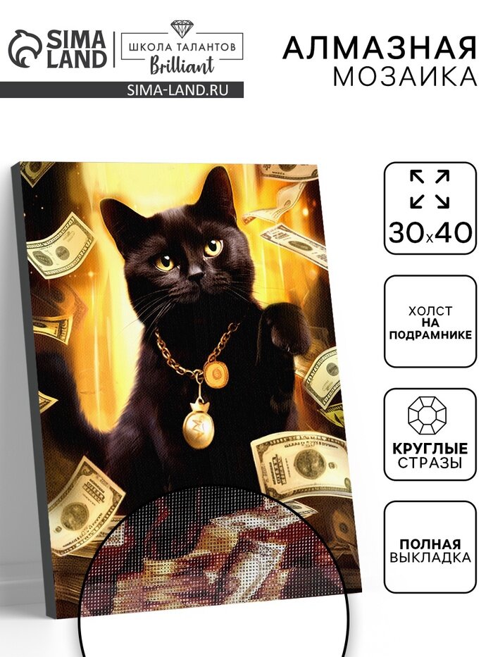 Алмазная вышивка полное заполнение Кот на удачу, на раме 30×40 см
