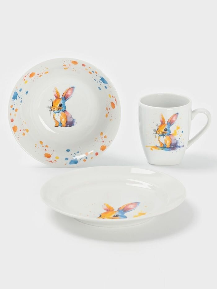 Набор детской посуды Дулевский фарфор Зайчик , 3 предмета: тарелка 175 мл, миска 360 мл, кружка 210 мл, белый