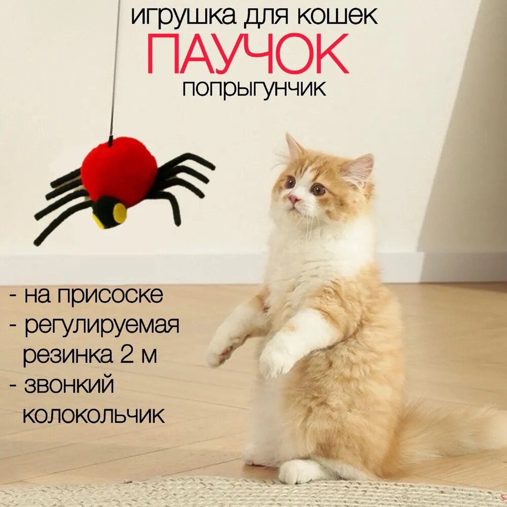 Игрушка для кошек интерактивная Паучок, дразнилка на резинке, подвесная игрушка на липучке