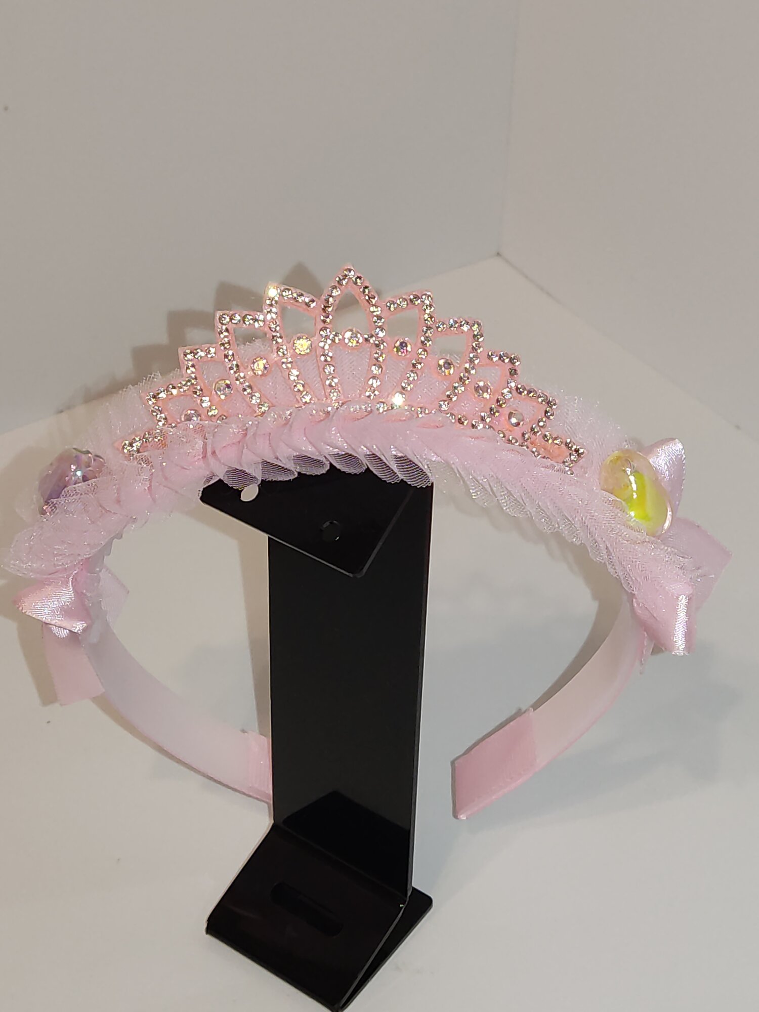 Ободок для волос "Корона", светло-розовый, пластик, органза, стразы