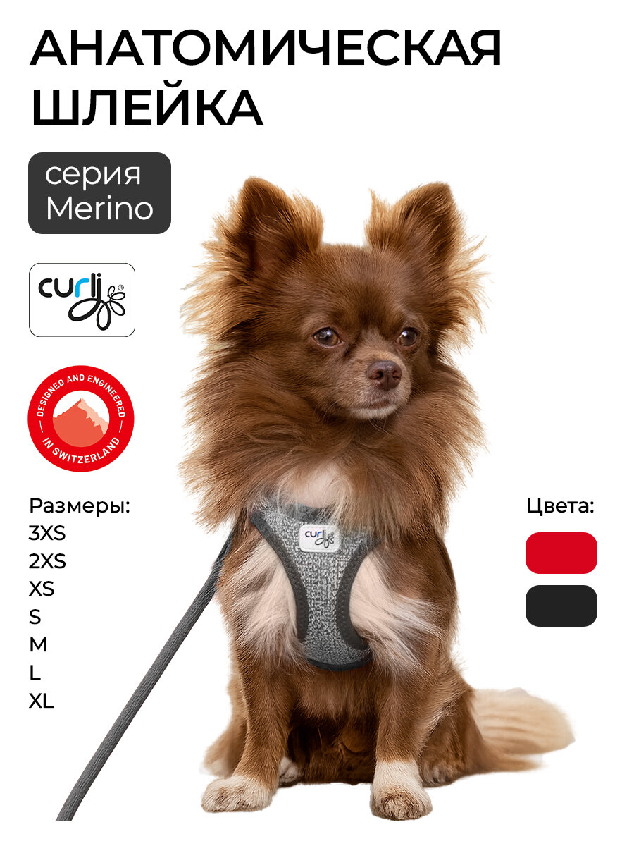 Шлейка для собак анатомическая легкая Curli Merino для мелких и средних пород, черная, XXXS