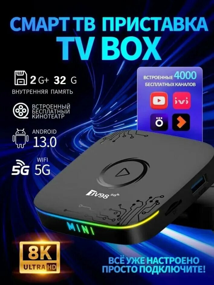 Смарт ТВ приставка для телевизора Wi-Fi MINI 2/32 ГБ Андроид 13 8K, медиаплеер для цифрового ТВ с пультом
