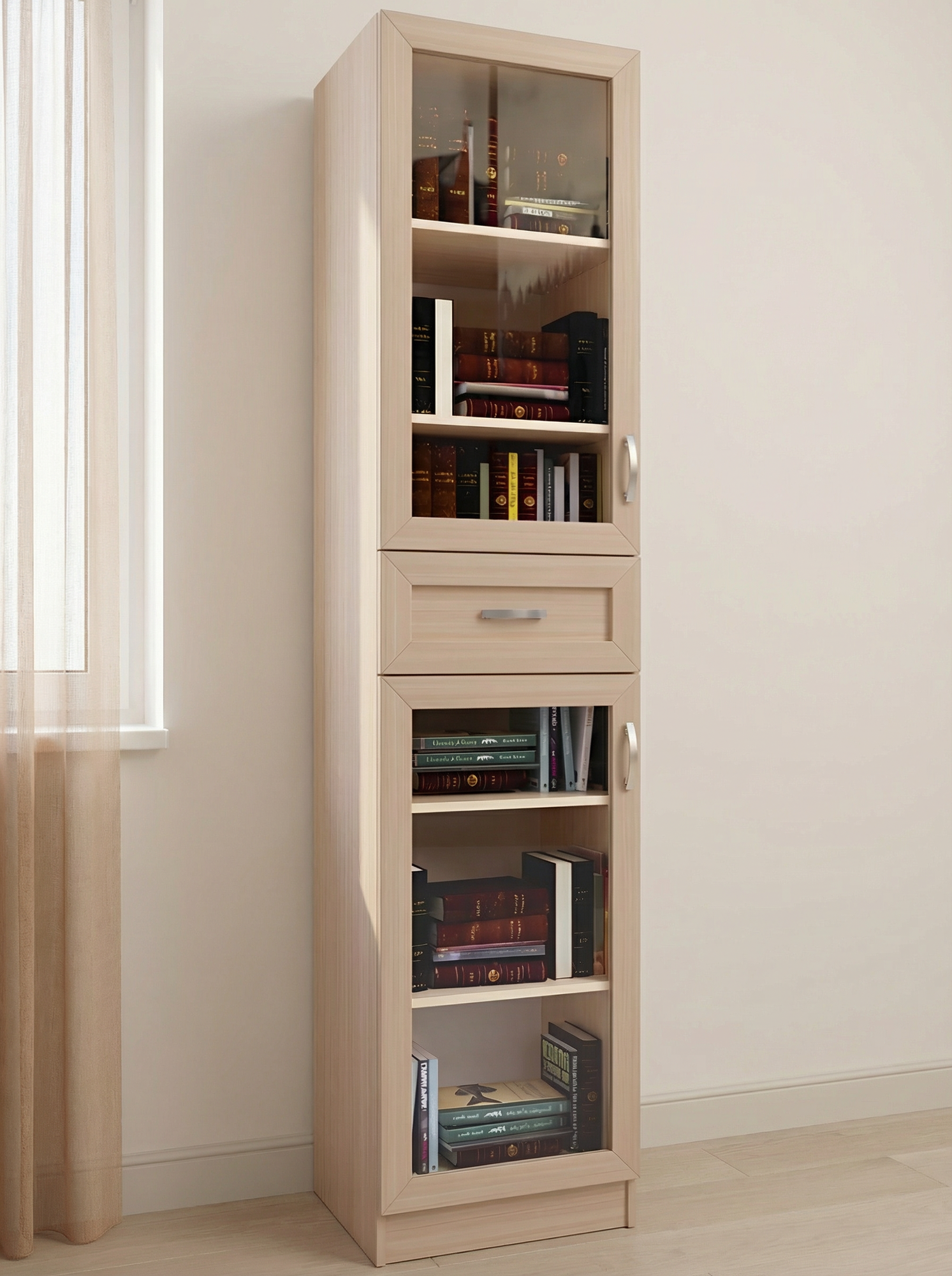 Шкаф-пенал книжный Вита 1-7 с 1 ящиком и 2 дверцами, ШхГхВ: 34х38х210 см, дуб молочный