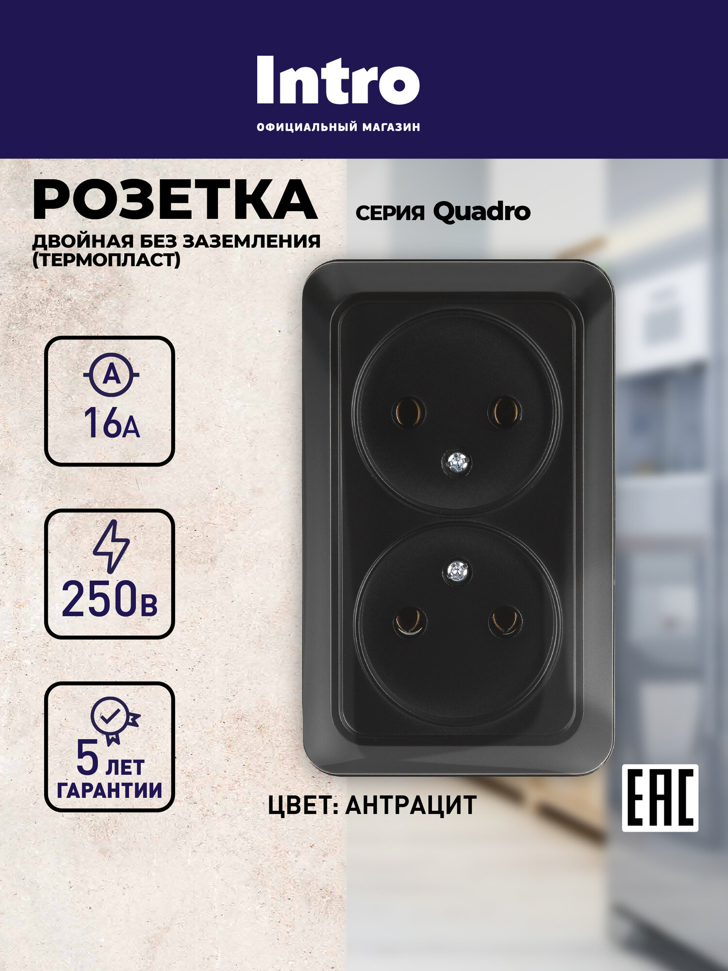 Розетка накладная Intro Quadro двойная без заземления 2P 16А-250В IP20 открытой установки антрацит