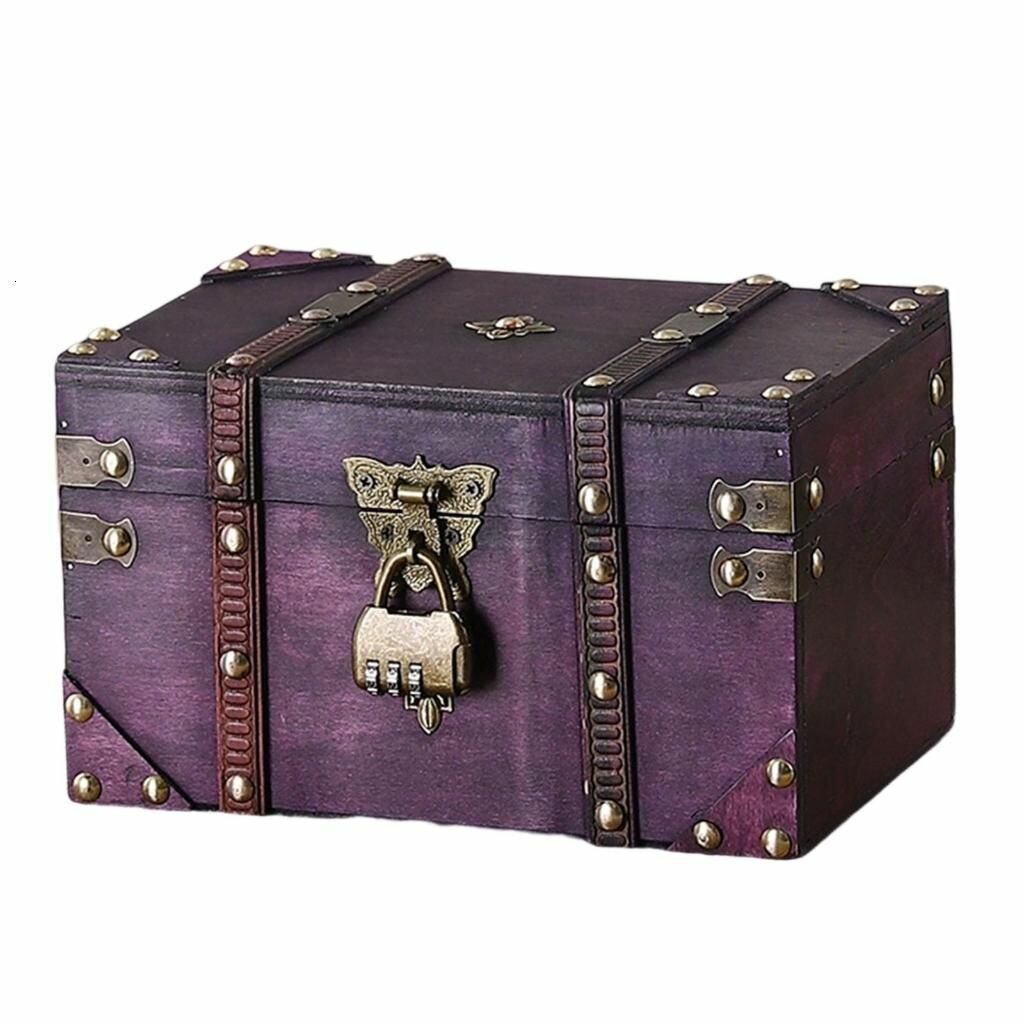 Шкатулка для хранения с металлической отделкой и замком для украшений и документов, - Фиолетовый плюс ретро т